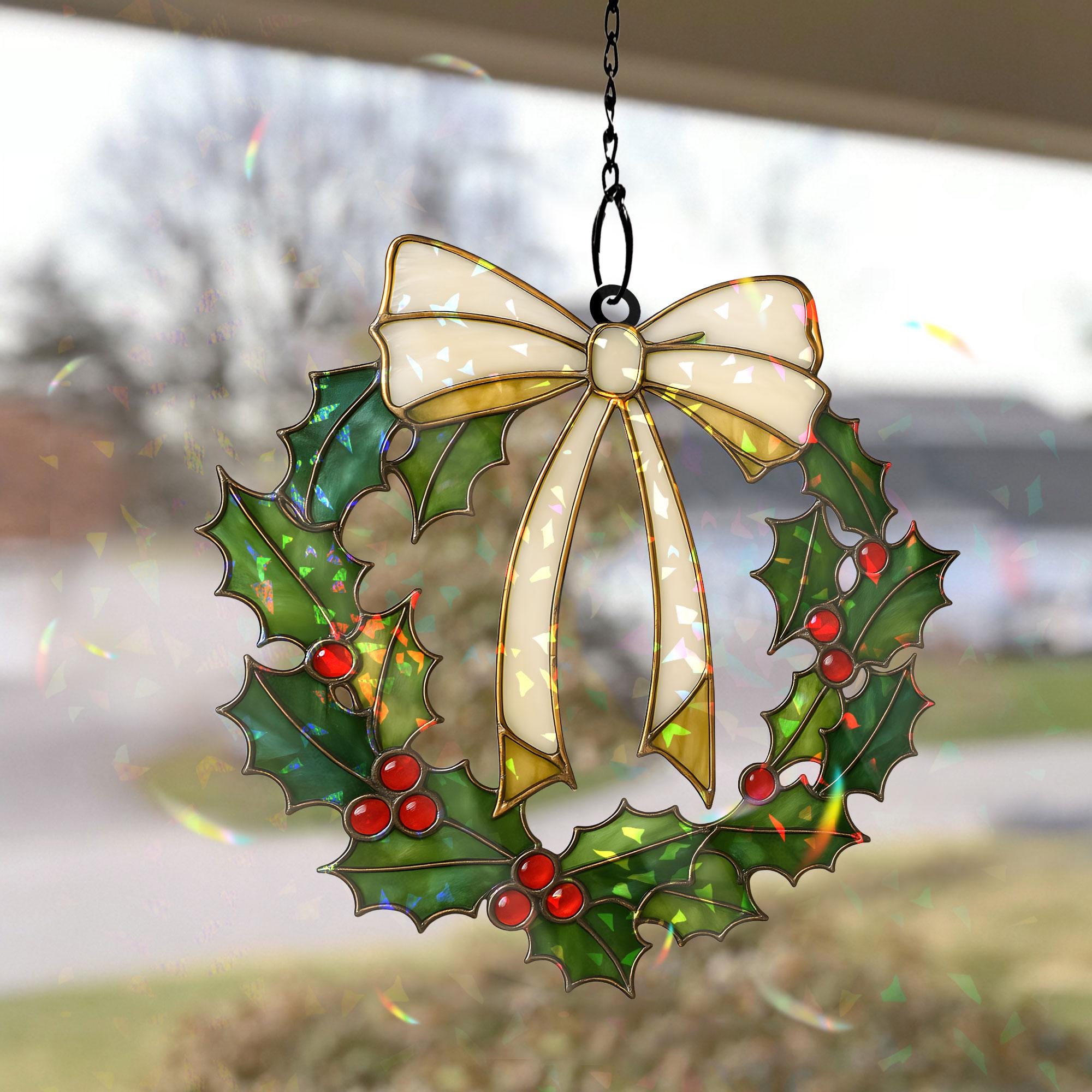 Glass Hologram Acrylic Christmas Holly Wreath, Festive Holiday Window ...