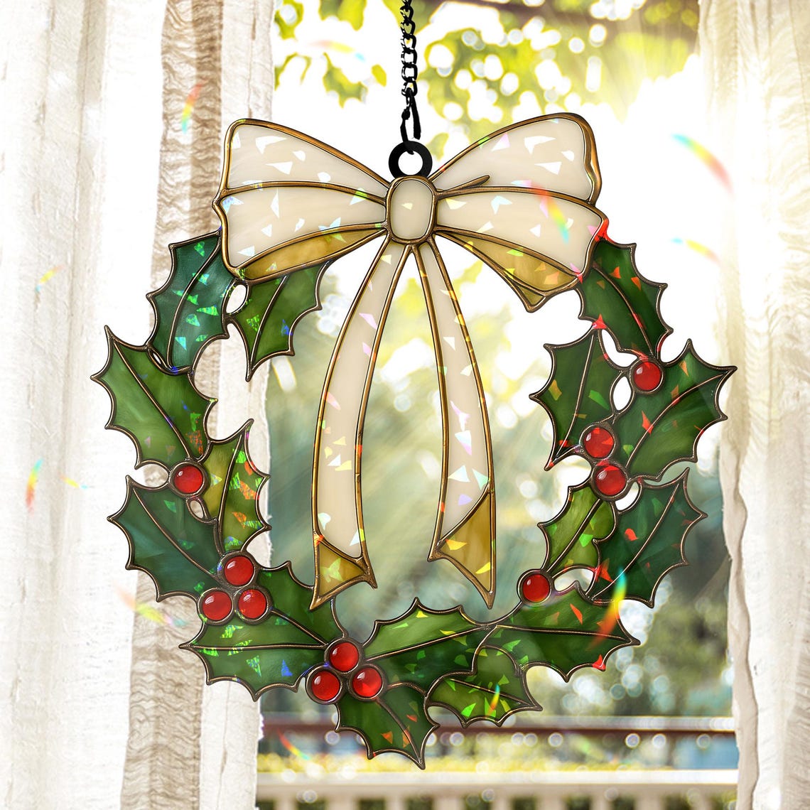 Glass Hologram Acrylic Christmas Holly Wreath, Festive Holiday Window ...