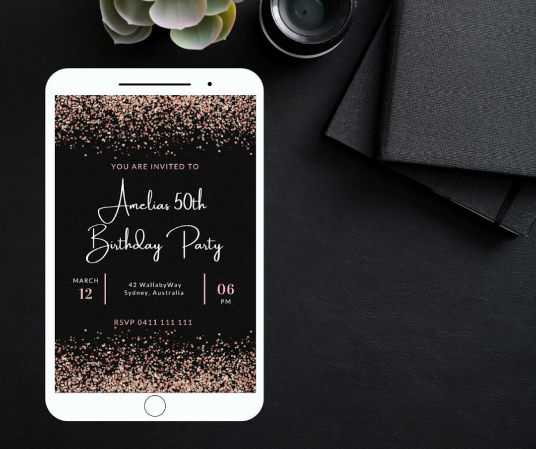 Black Modern Birthday Invitation, Sparkle Invitation, Birthday ...