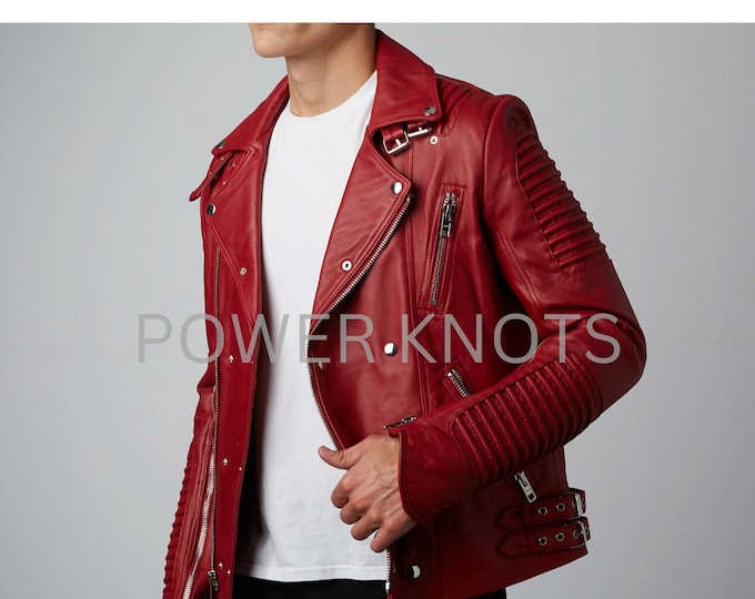 Men's Handmade Red Distressed Biker Leather Jacket, Red Lambskin ...