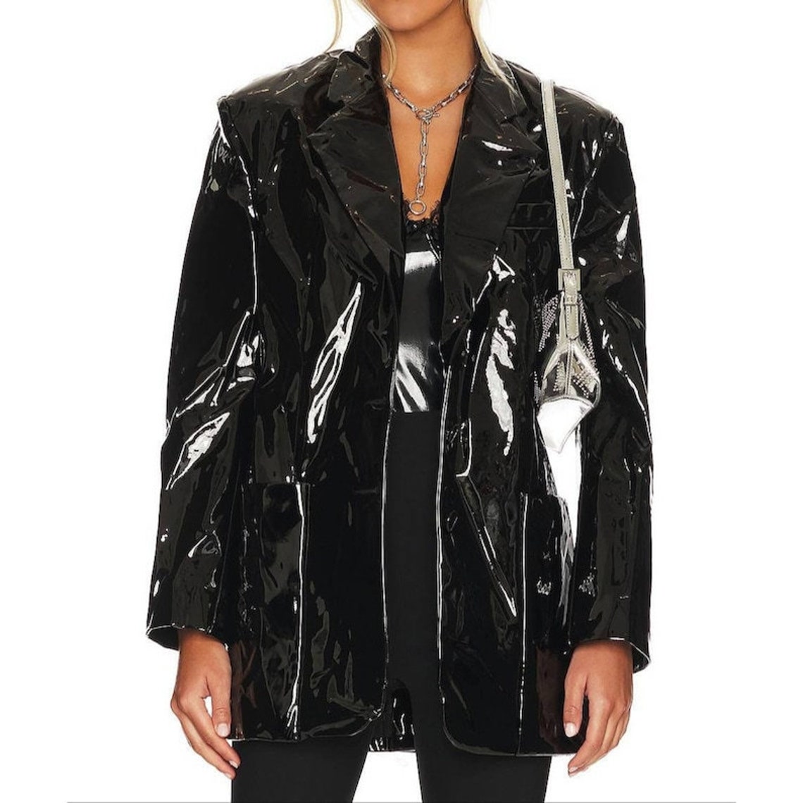Women's Black Patent Leather Blazer, Women's Black Leather Coat, Women ...