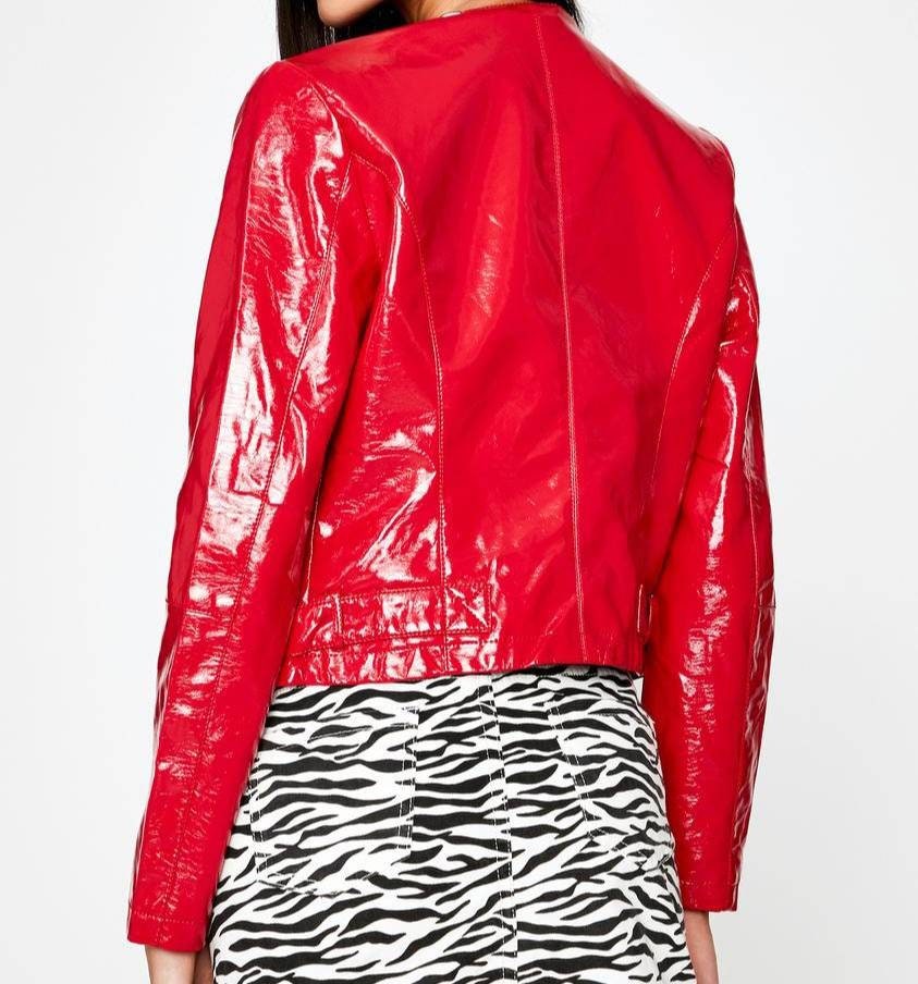 Women's Shiny Red Patent Motorcycle Biker Leather Jacket, Women's Red ...