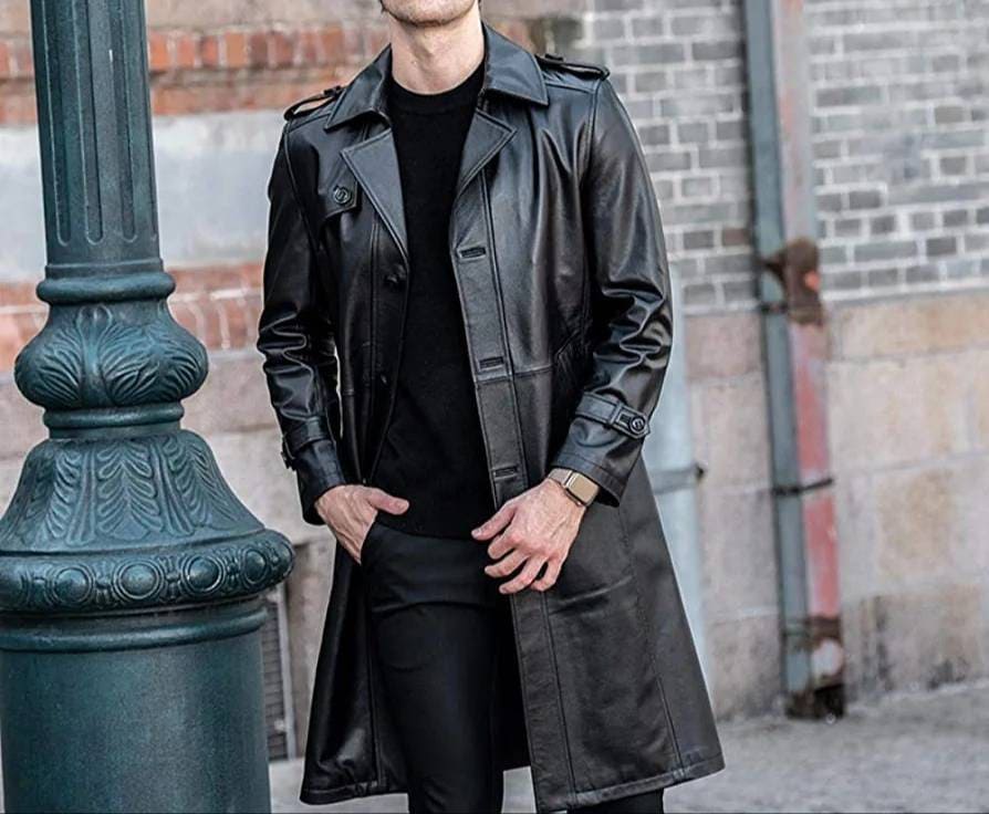 Men's Black Tailored Breasted Leather Trench Coat, Men's Black Leather ...