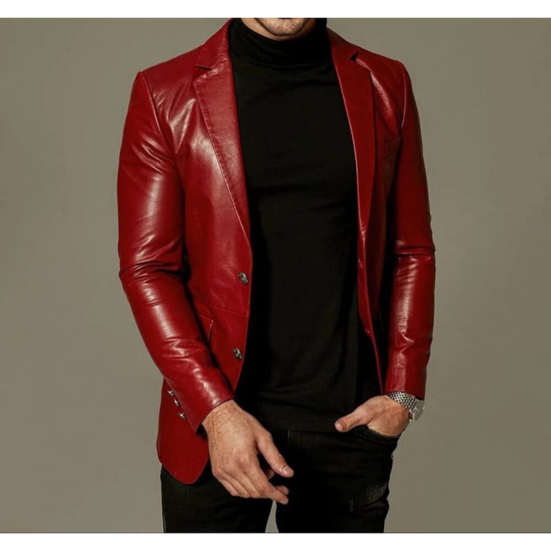 Men's Blood Red Slim Fit Business Leather Blazer, Men's Red Leather ...