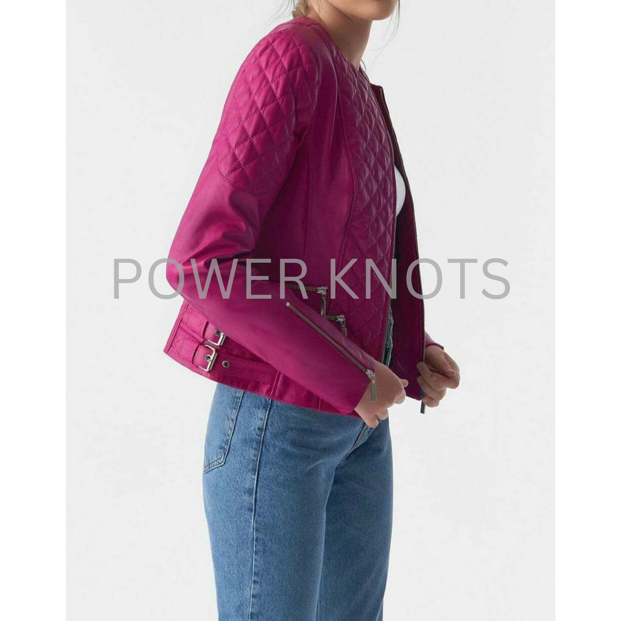 Women's Fuchsia Pink Solid Casual Motorcycle Biker Quilted Round Neck ...