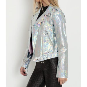 Women's Silver Holographic Foil Slim Fit Motorcycle Biker Leather ...