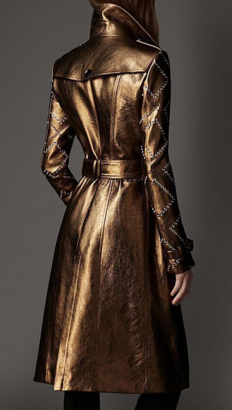 Women's Bronze Gold Metallic Foil Genuine Leather Trench Coat, Women's ...