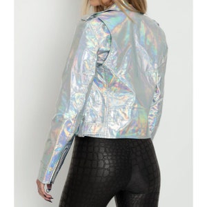 Women's Silver Holographic Foil Slim Fit Motorcycle Biker Leather ...