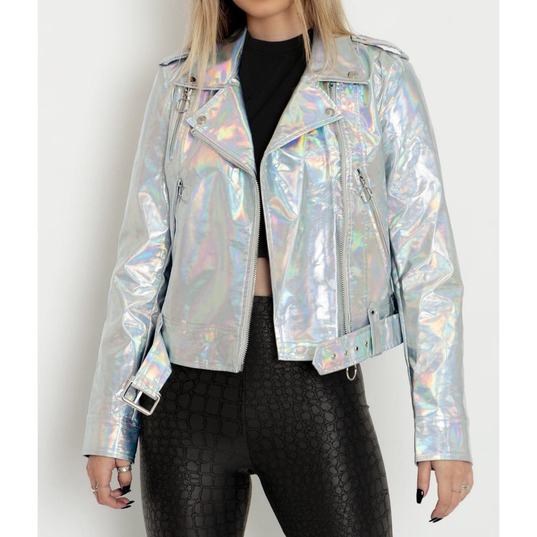 Women's Silver Holographic Foil Slim Fit Motorcycle Biker Leather ...