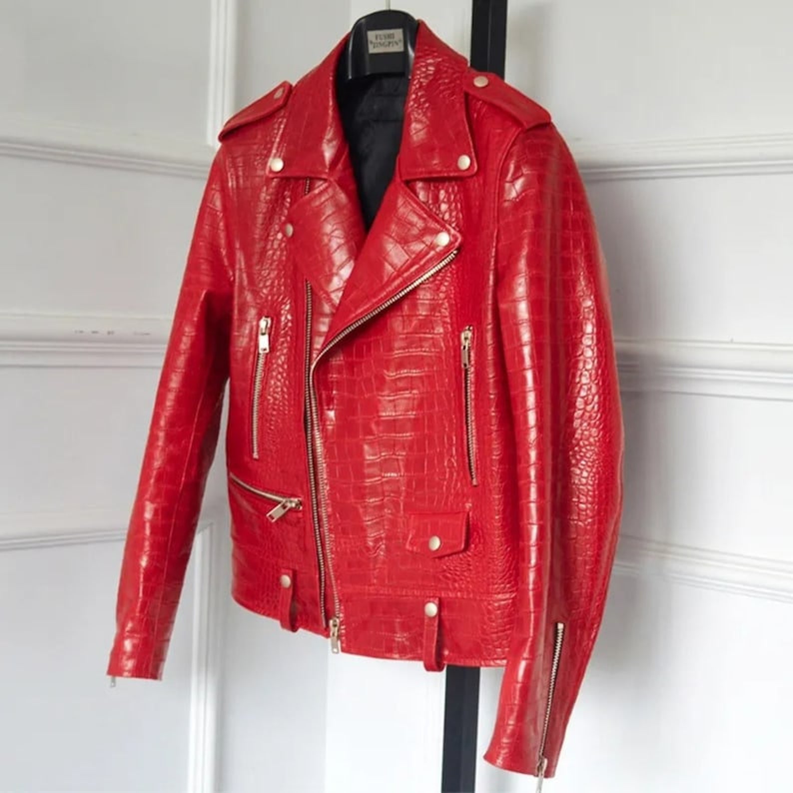 Men's Red Croc Embossed Slim Fit Motorcycle Biker Leather Jacket, Men's ...
