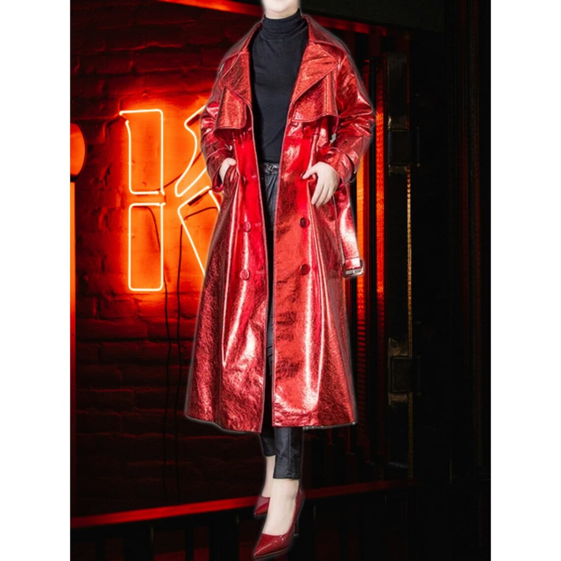 Women's Red Metallic Foil Effect Genuine Leather Long Coat, Women's Red ...
