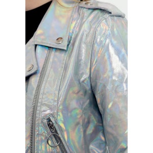 Women's Silver Holographic Foil Slim Fit Motorcycle Biker Leather ...
