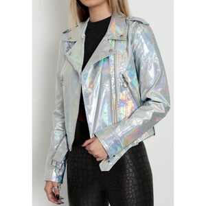 Women's Silver Holographic Foil Slim Fit Motorcycle Biker Leather ...
