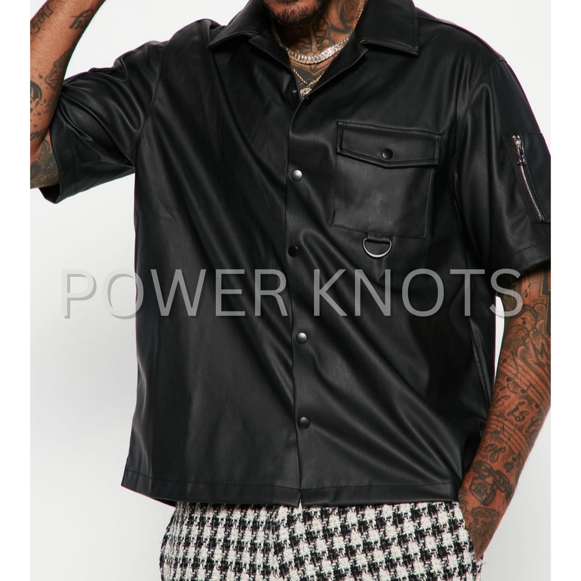 Men's Black Solid Casual Leather Shirt, Men's Black Utility Shirt ...