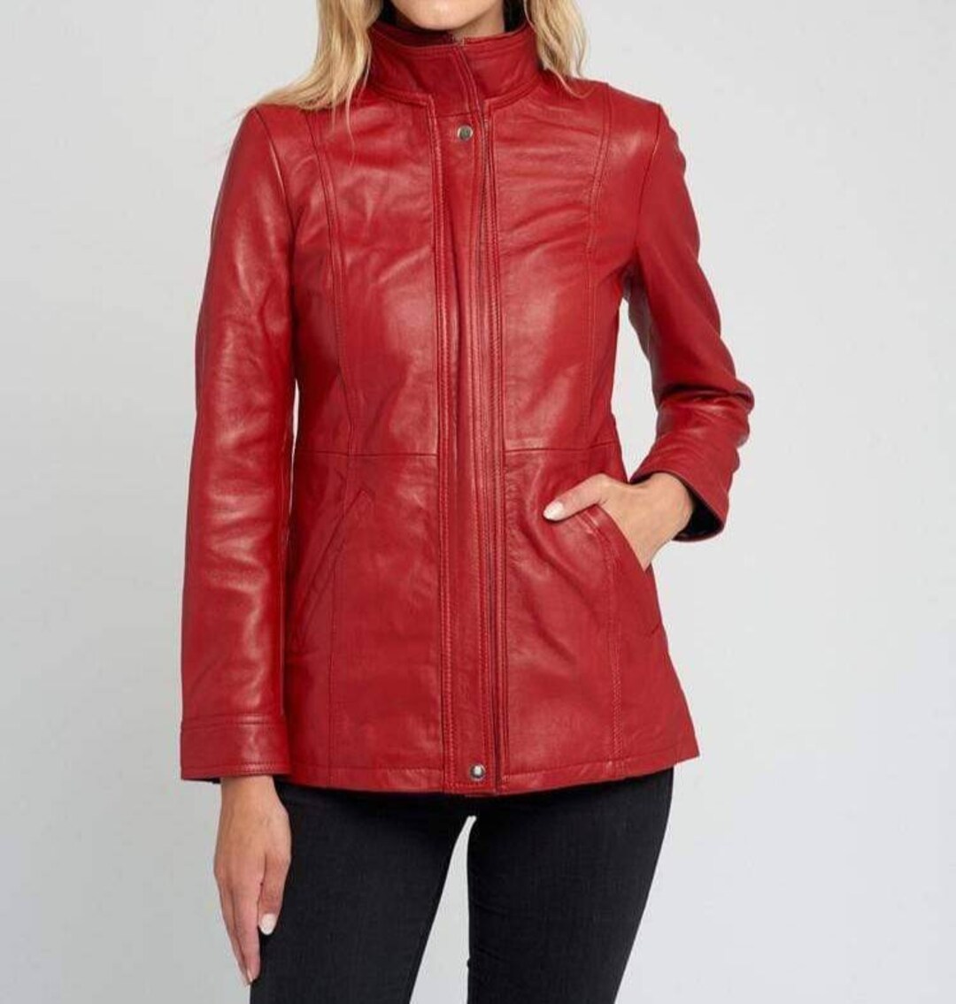 Women's Red Solid Casual Long Leather Jacket, Women's Red Leather ...