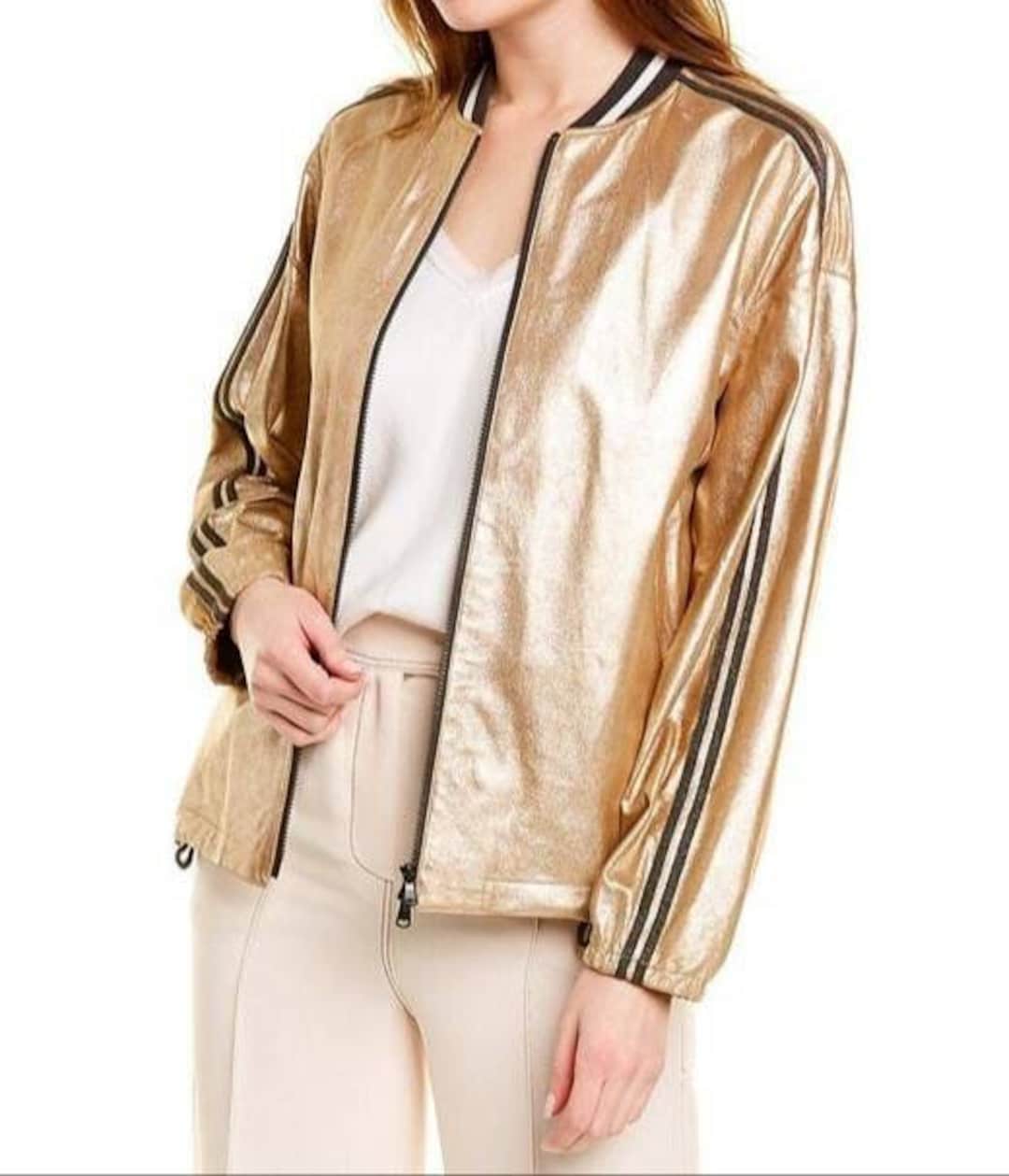 Women's Gold Metallic Foil Bomber Style Striped Leather Jacket, Women's ...