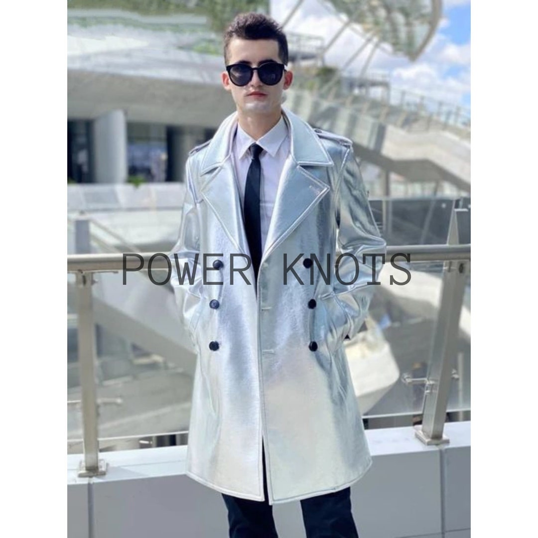 Men's Silver Metallic Foil Slim Fit Motorcycle Biker Leather Trench ...