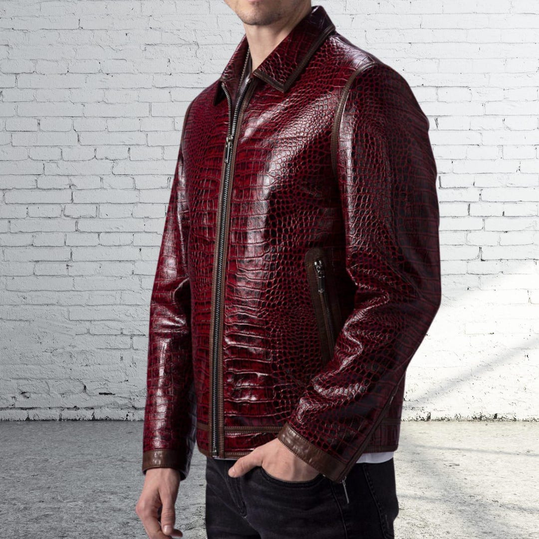 Men's Dark Red Croc Embossed Effect Slim Fit Motorcycle Biker Leather ...