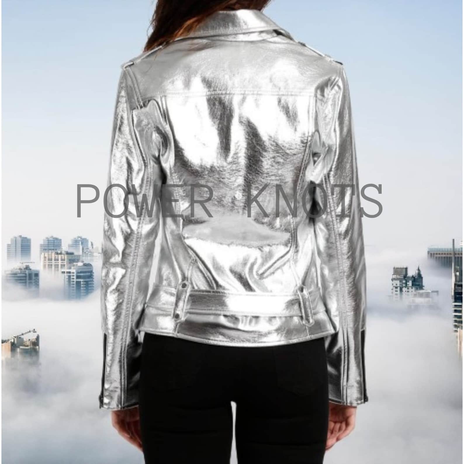 Women's Silver Metallic Foil Slim Fit Motorcycle Biker Leather Jacket ...