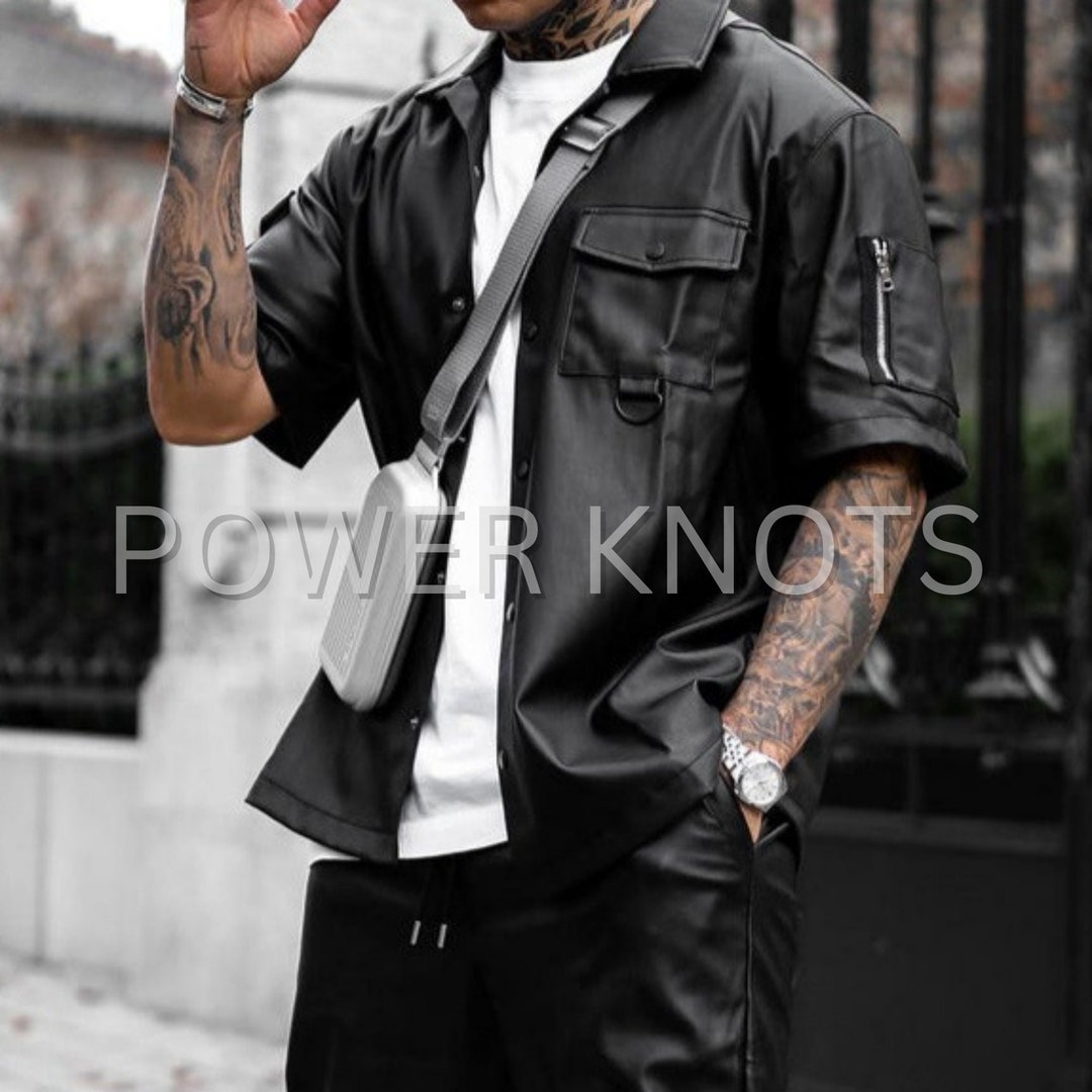 Men's Black Solid Casual Leather Shirt, Men's Black Utility Shirt ...
