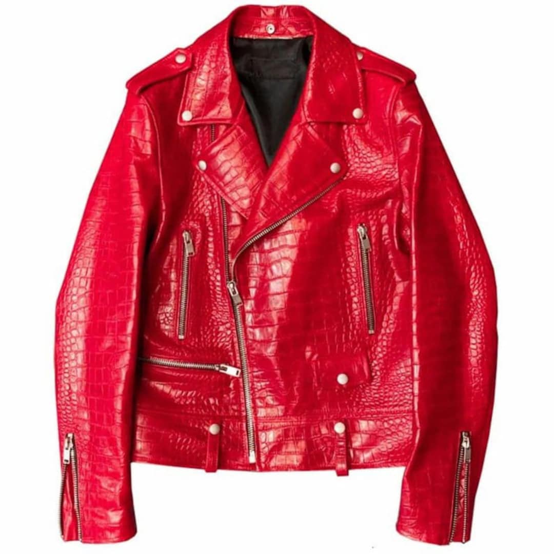 Men's Red Croc Embossed Slim Fit Motorcycle Biker Leather Jacket, Men's ...