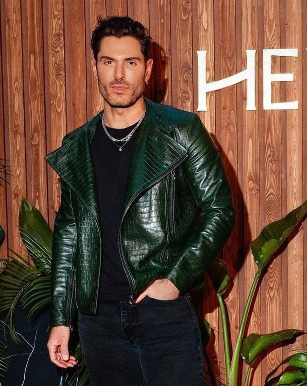 Men's Green Croc Embossed Effect Motorcycle Biker Leather Jacket, Men's ...