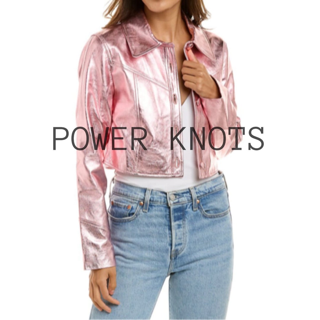 Women's Pink Metallic Foil Solid Casual Cropped Leather Jacket, Women's ...