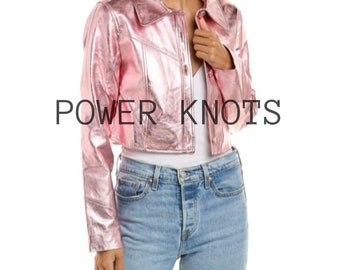 Women's Pink Metallic Foil Biker Leather Jacket, Women's Pink Leather ...