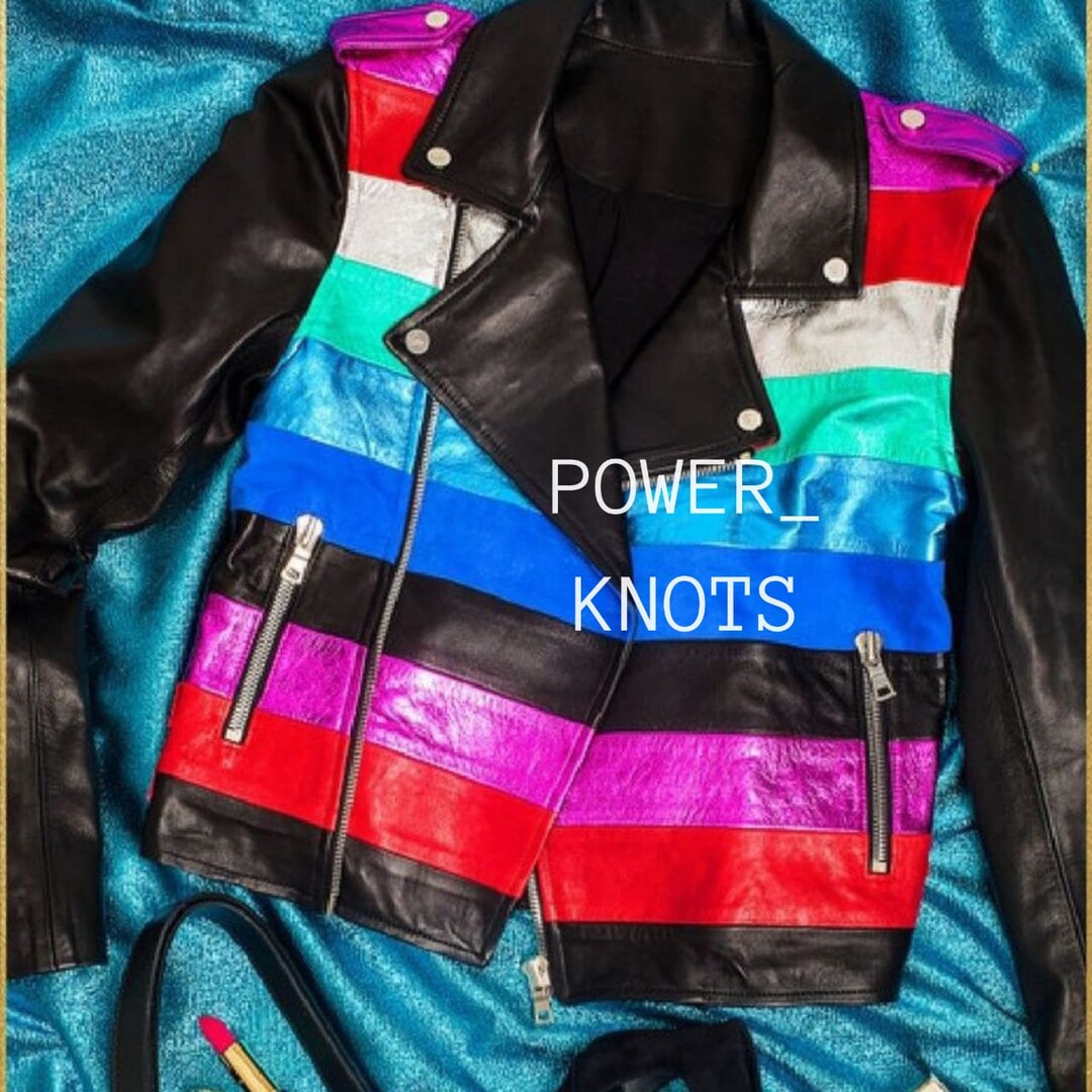 Women's Rainbow Colorblocked Metallic Foil Effect Motorcycle Biker ...