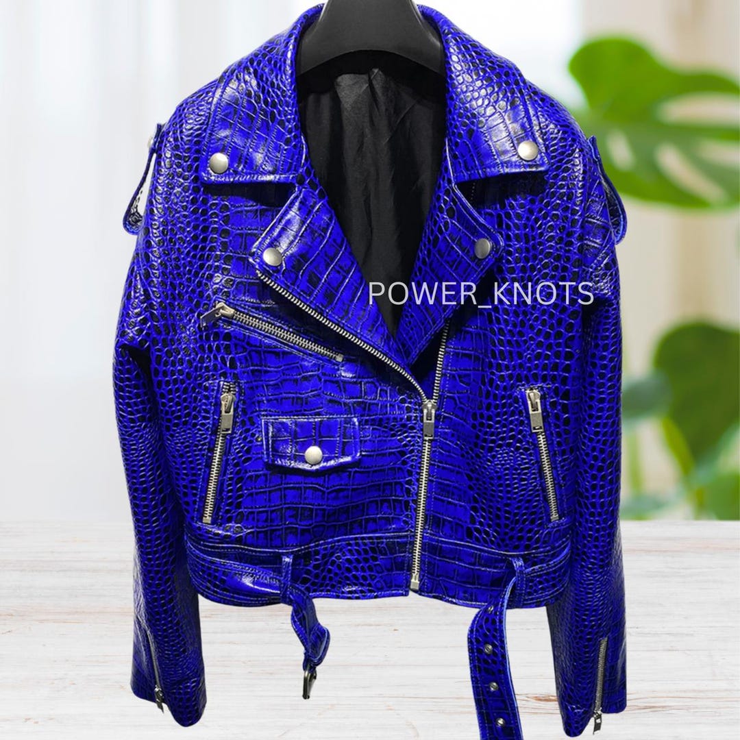Women's Electric Blue Croc Emboss Effect Motorcycle Biker Black Vintage ...