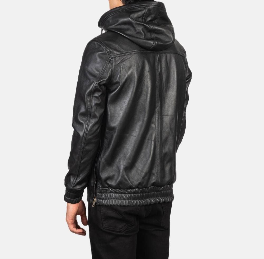 Men's Black Solid Casual Hooded Leather Sweatshirt, Men's Black Leather ...