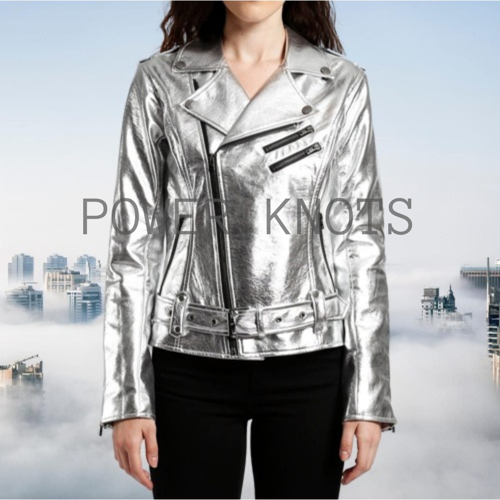 Women's Silver Metallic Foil Slim Fit Motorcycle Biker Leather Jacket ...