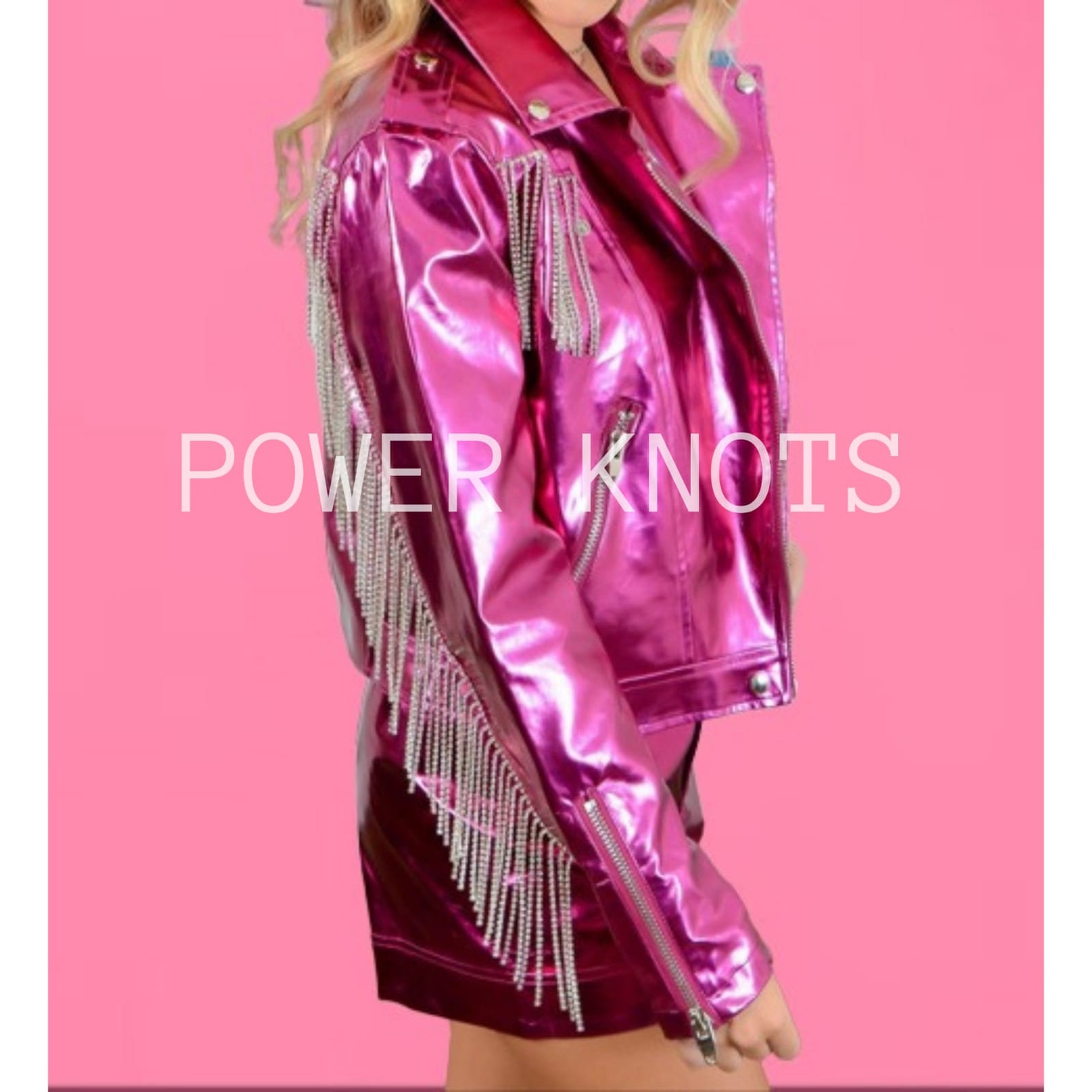 Women's Fuchsia Pink Metallic Foil Motorcycle Biker Crystal Fringe ...