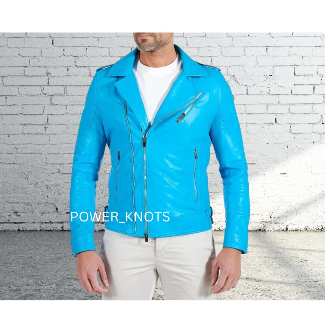 Men's Turquoise Blue Tailored Motorcycle Biker Genuine Lamb Leather ...