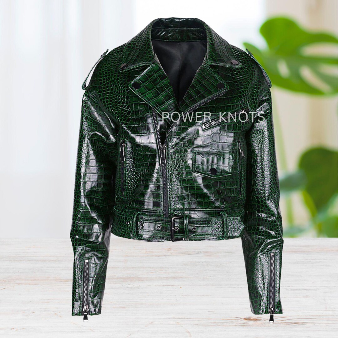 Men's Dark Green Croc Embossed Effect Motorcycle Biker Genuine Leather ...
