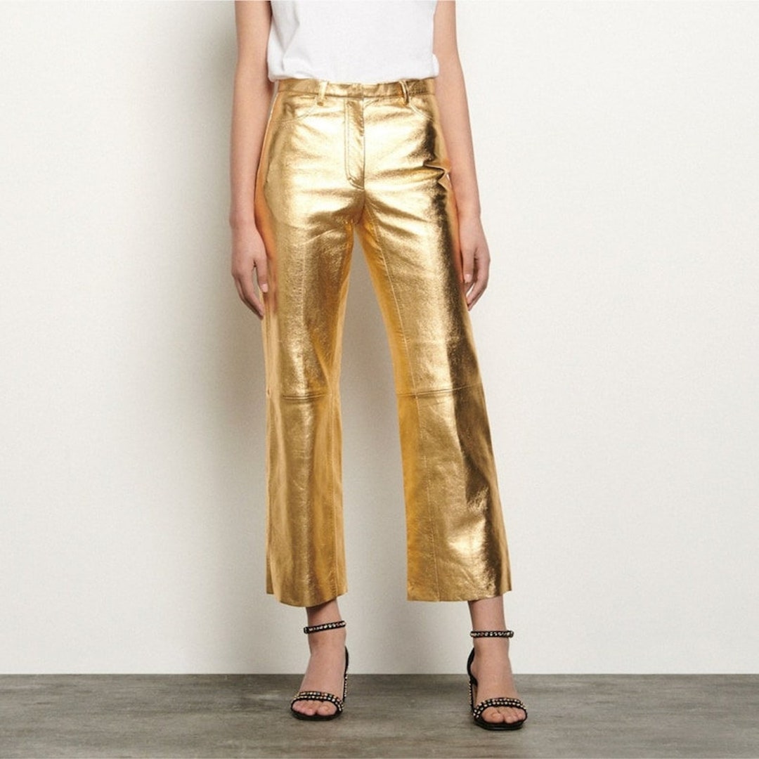 Women's Gold Metallic Foil Tailored Flared Western Leather Trousers ...