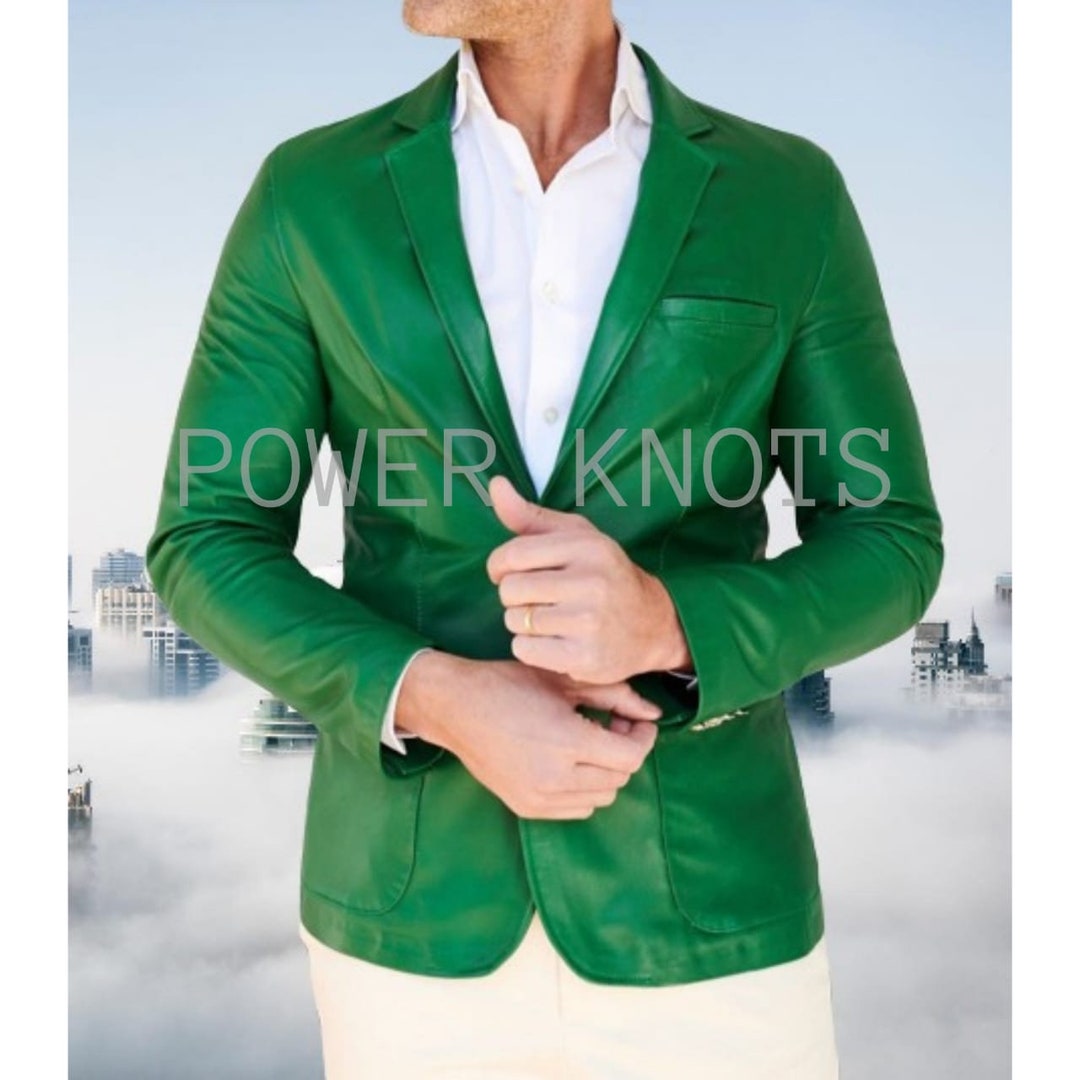 Men's Green Solid Tailored Business Leather Blazer, Men's Green Leather ...