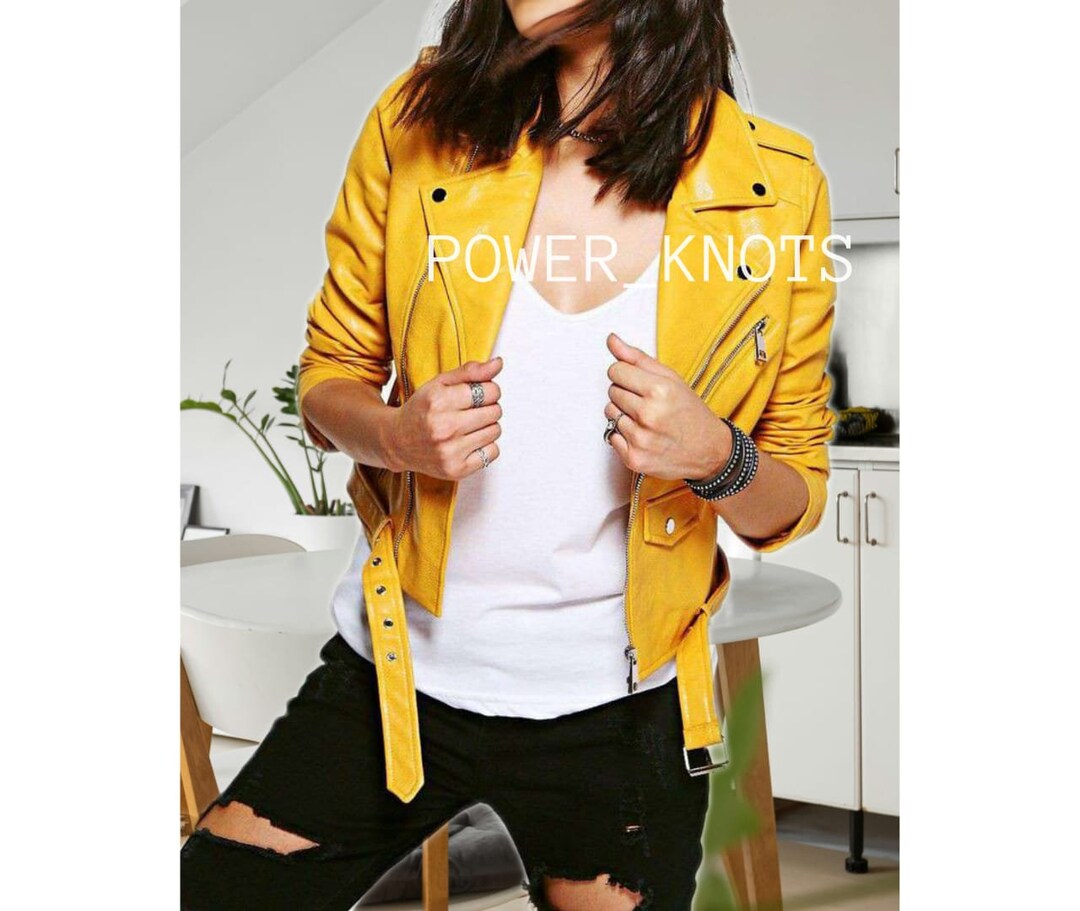 Women's Yellow Slim Fit Motorcycle Biker Real Leather Jacket, Women's ...
