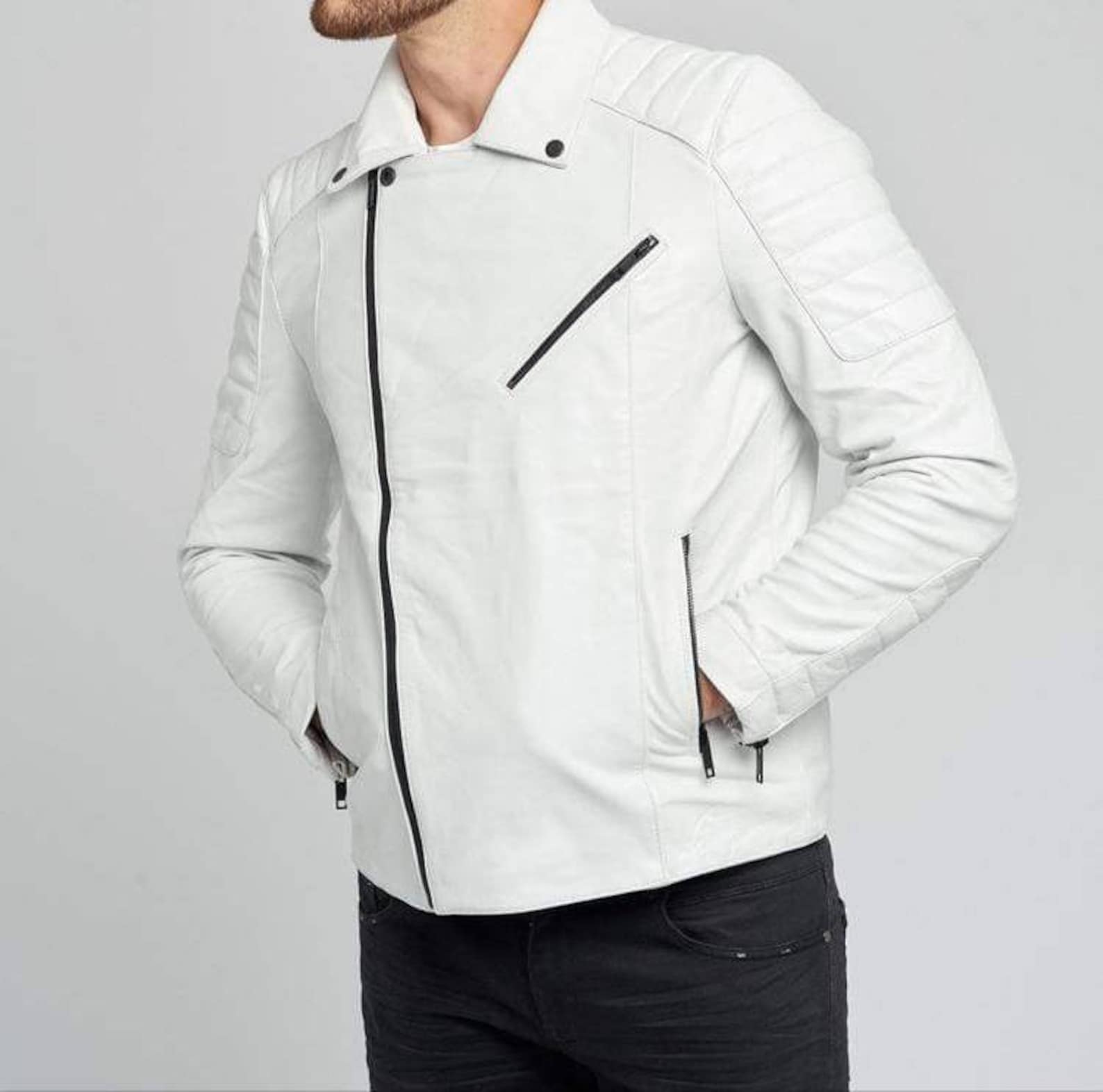 Men's Pure White Solid Casual Motorcycle Biker Leather Jacket, Men's ...