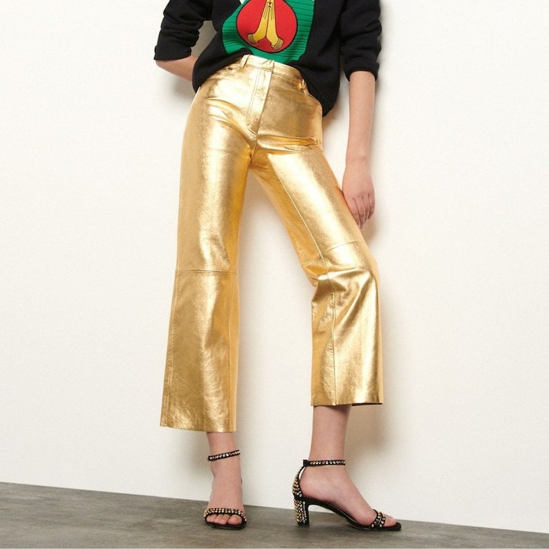 Women's Gold Metallic Foil Tailored Flared Western Leather Trousers ...