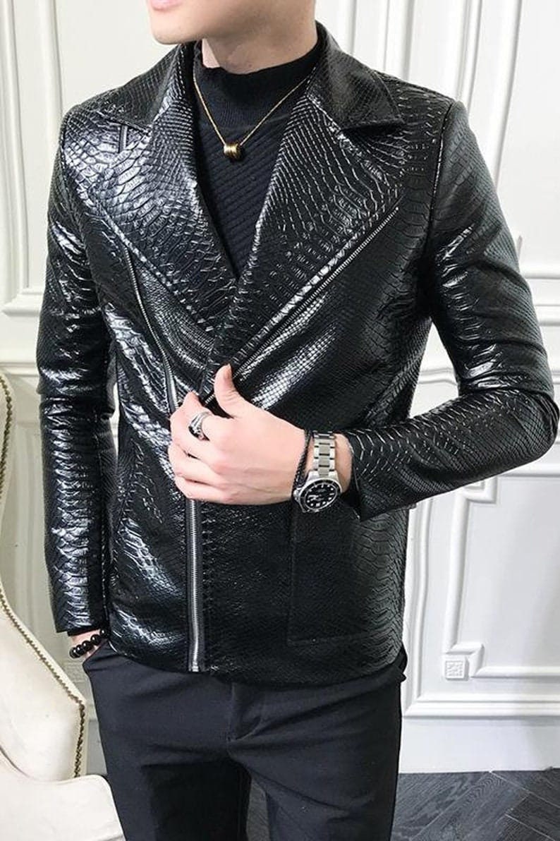 Men's Python Leather Jacket, Men's Black Python Embossed Men's Python Leather Jacket, Men's Black Python Embossed