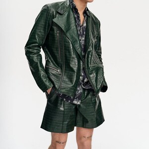 Men's Green Croc Embossed Effect Motorcycle Biker Leather Jacket, Men's Green Biker Leather ...