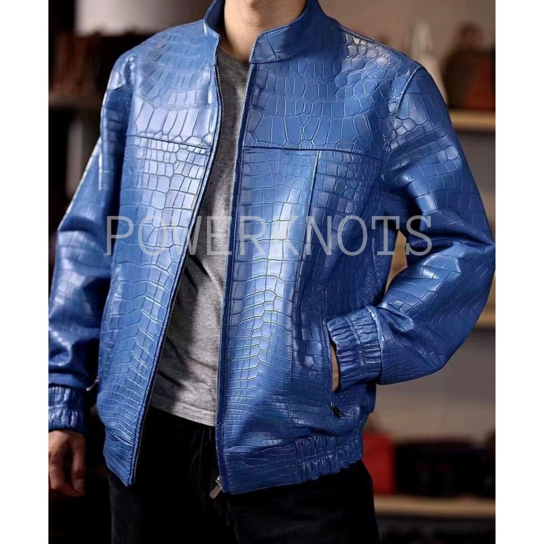 Men's Blue Croc Embossed Effect Motorcycle Biker Elasticated Bomber ...