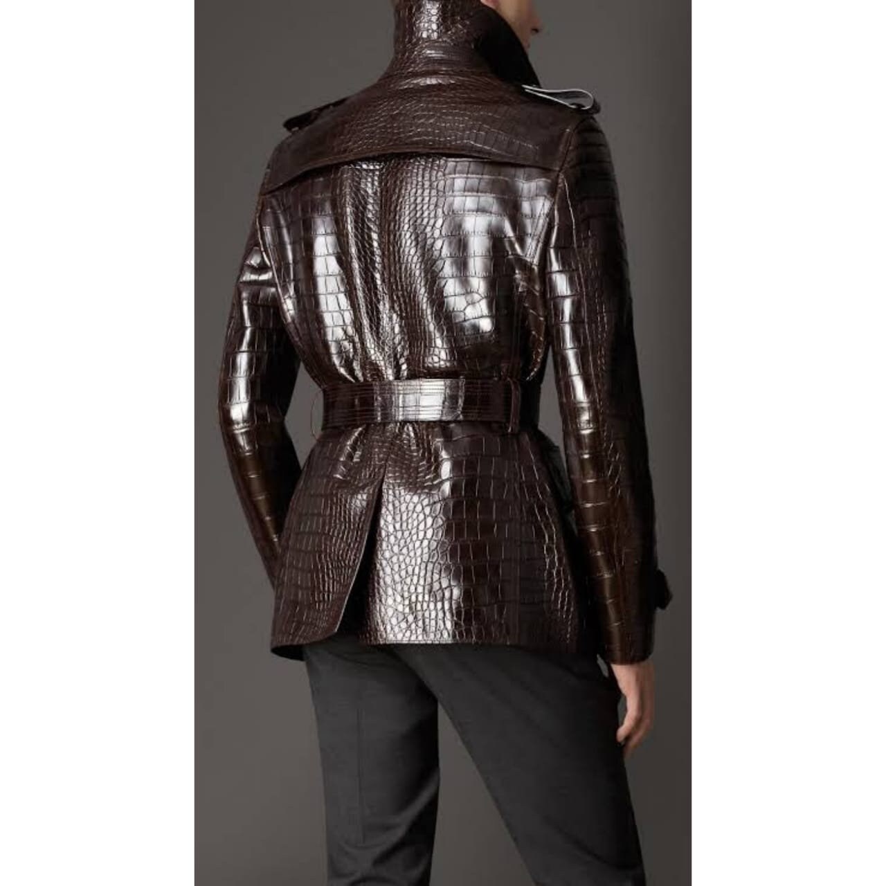 Men's Dark Brown Croc Embossed Effect Tailored Leather Trench Coat, Men ...