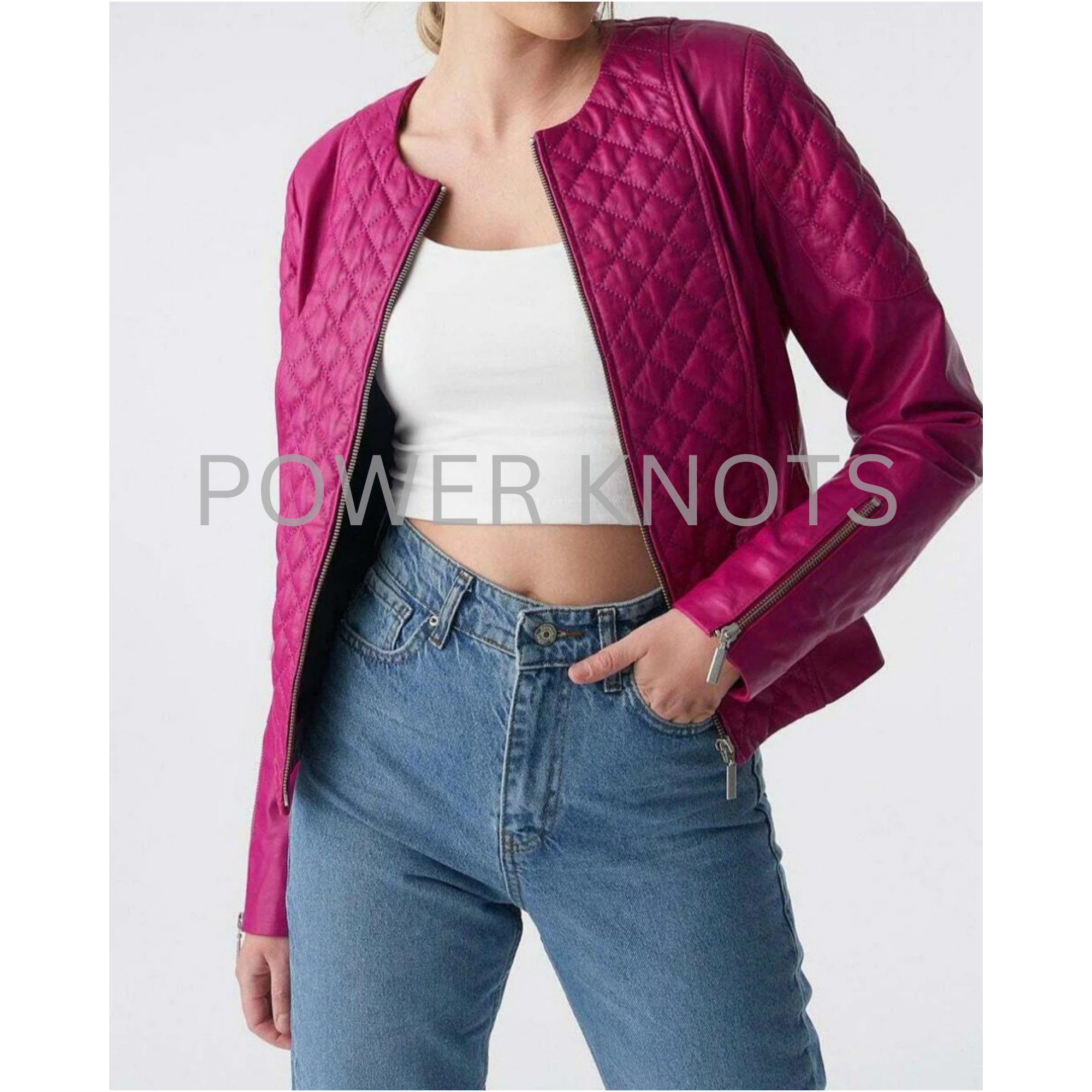 Women's Fuchsia Pink Solid Casual Motorcycle Biker Quilted Round Neck ...