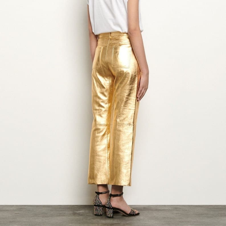 Women's Gold Metallic Foil Tailored Flared Western Leather Trousers ...