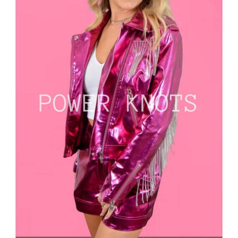 Women's Fuchsia Pink Metallic Foil Motorcycle Biker Crystal Fringe ...