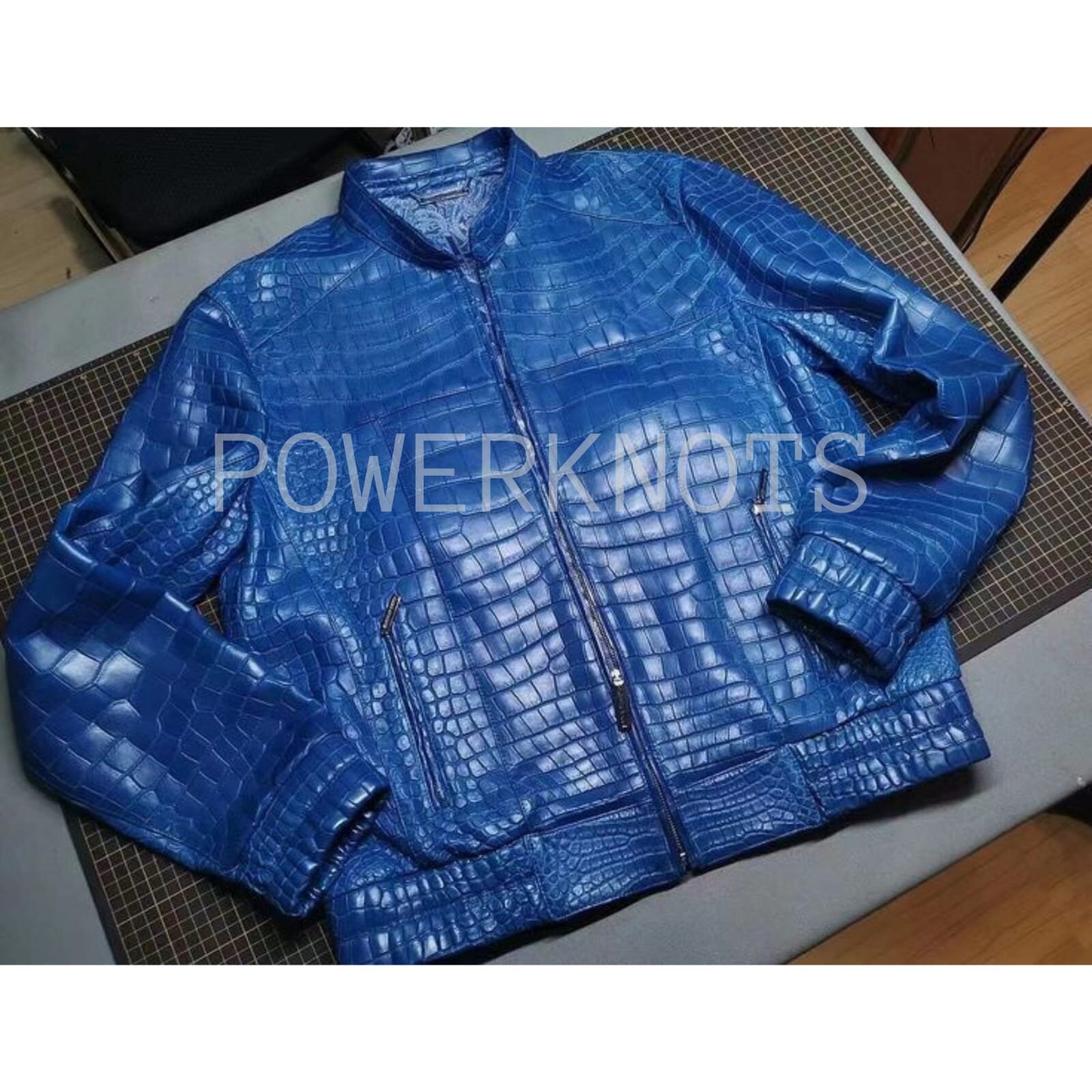 Men's Blue Croc Embossed Effect Motorcycle Biker Elasticated Bomber ...