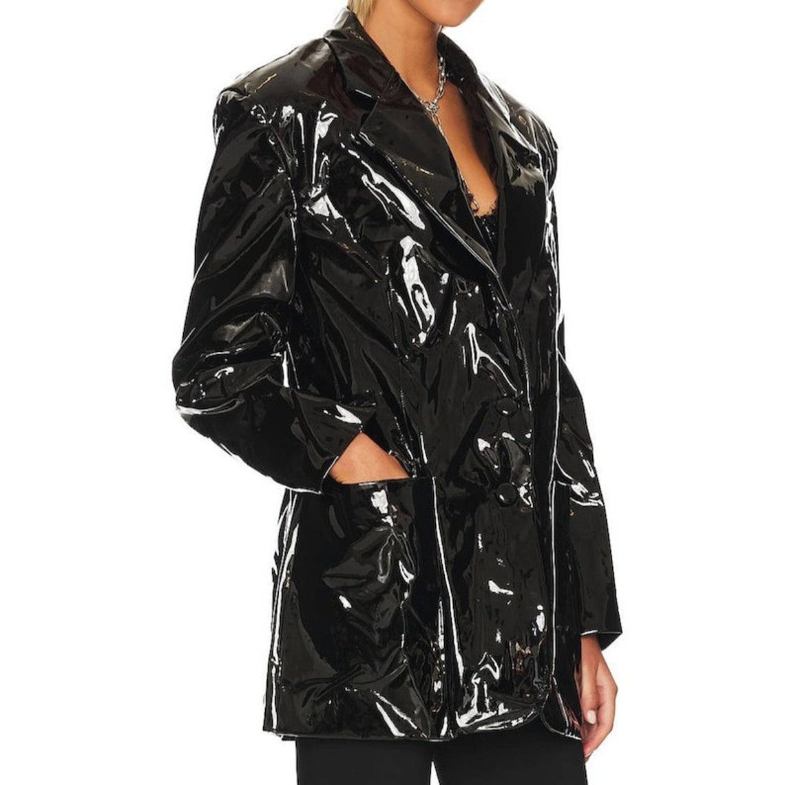 Women's Black Patent Leather Blazer, Women's Black Leather Coat, Women ...