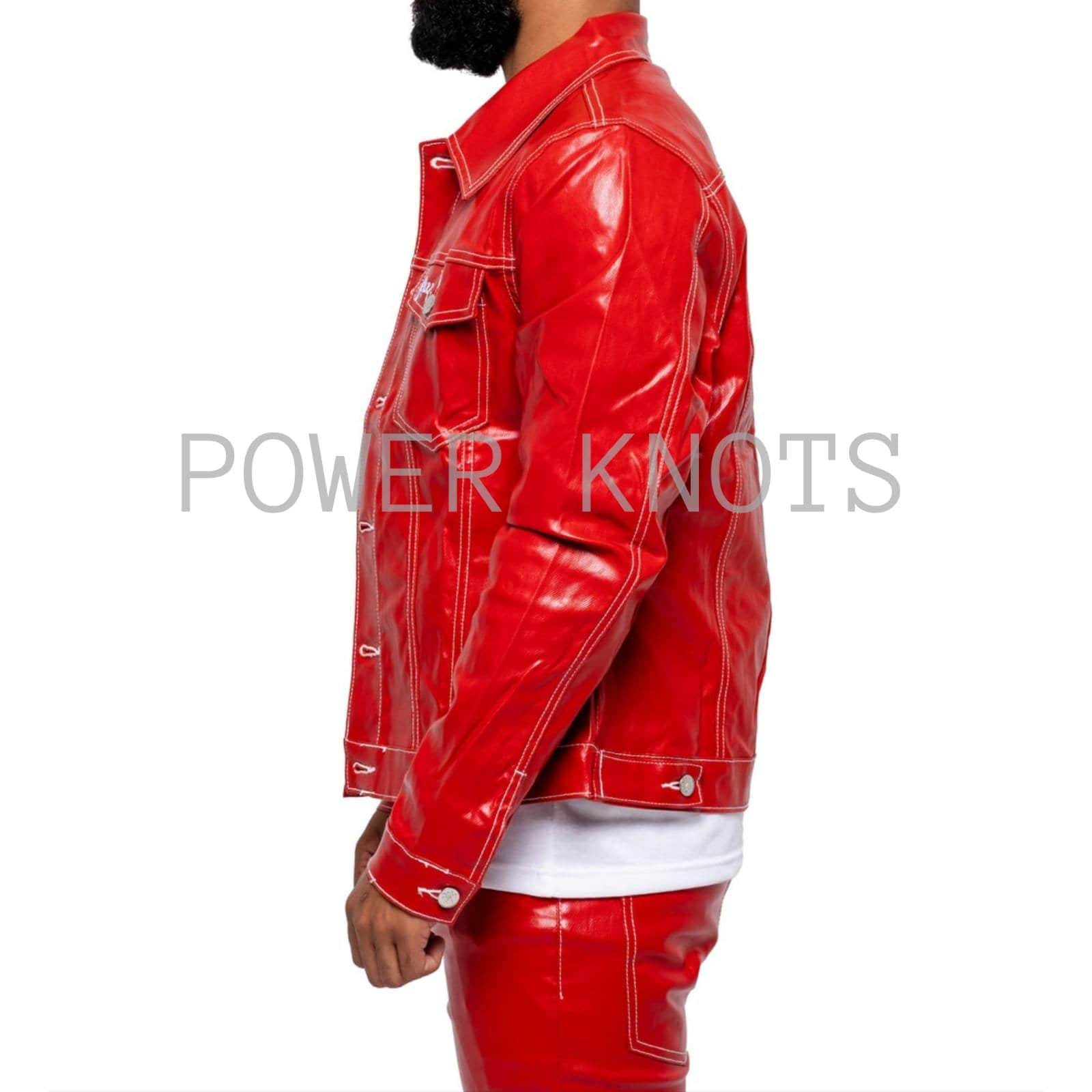 Men's Shiny Red Patent Denim Style Leather Shirt, Men's Red Leather ...